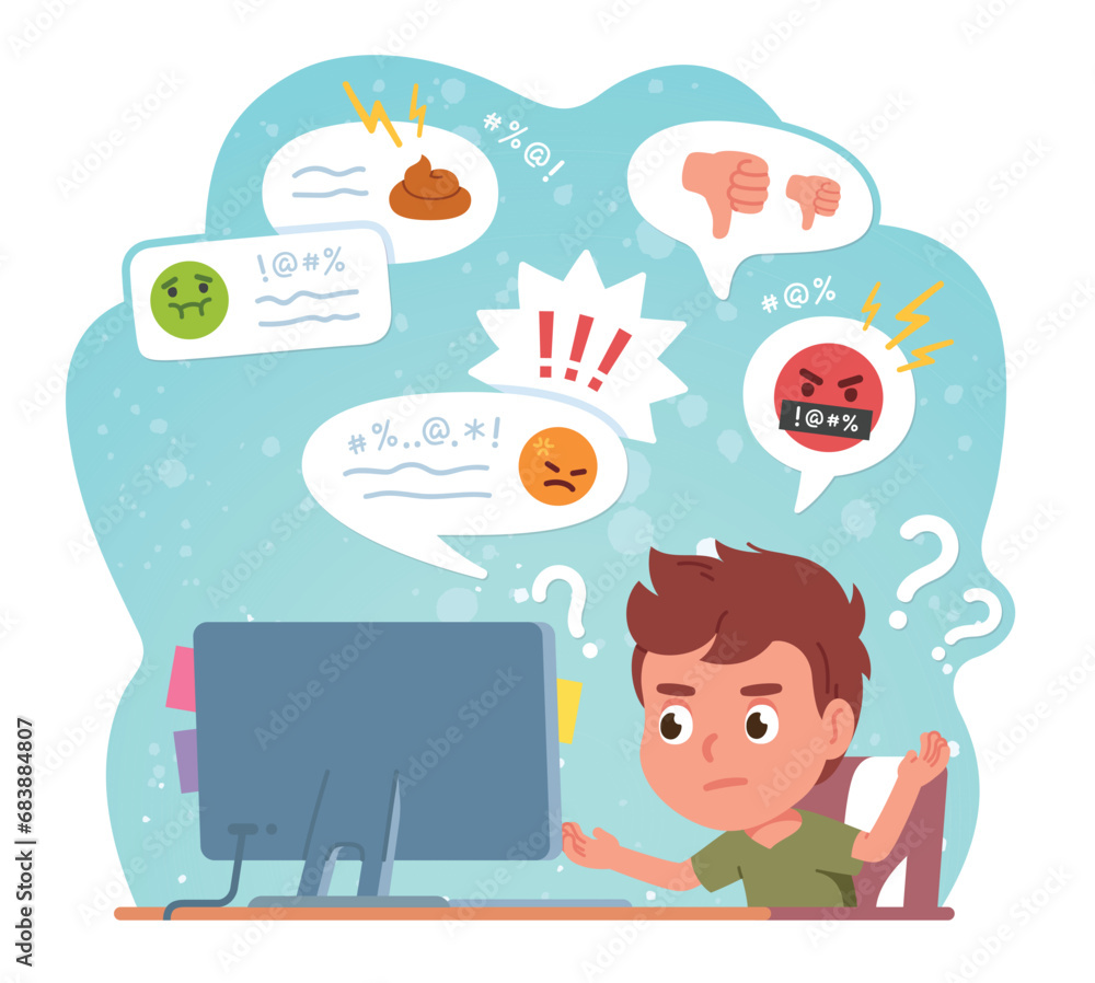 Cyber bullying victim kid reading angry messages. Boy child person ...