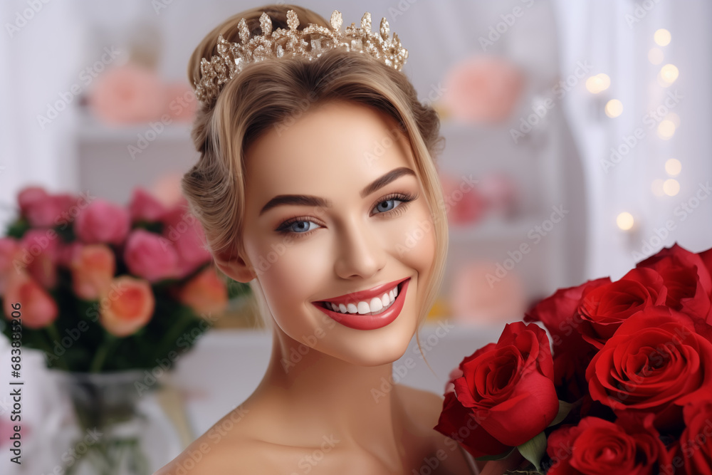 Beautiful Young Woman Wearing a Radiant Crown, Holding a Bouquet of Red ...