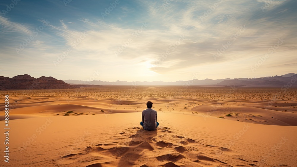 An image of a lone traveler sitting on a sand dune in a desert ...