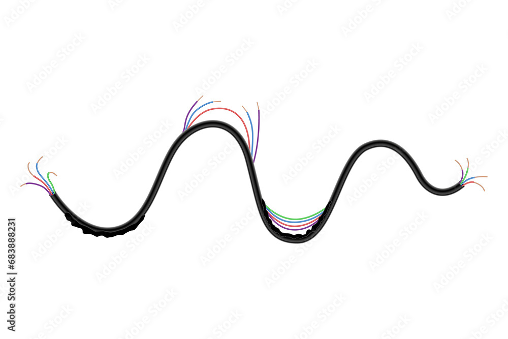 Broken electrical copper wire or cord. Damaged electric power cable ...