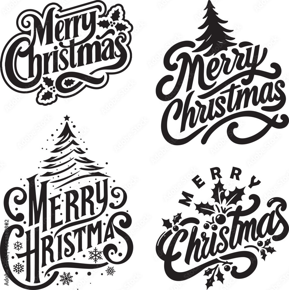 Set of Merry Christmas Font Text Script Vector SVG Bundle with ...