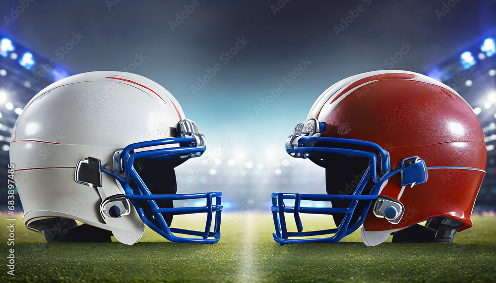 American football helmets facing each other on football field with ...