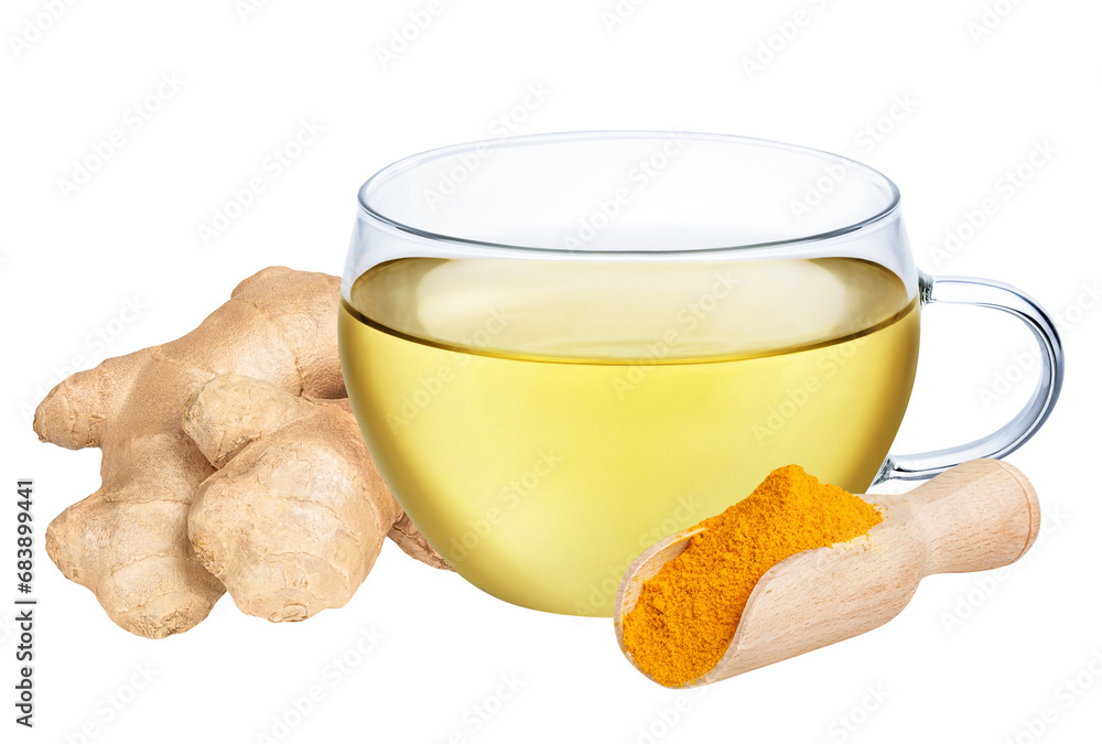 Cup of ginger and turmeric tea isolated on white or transparent ...