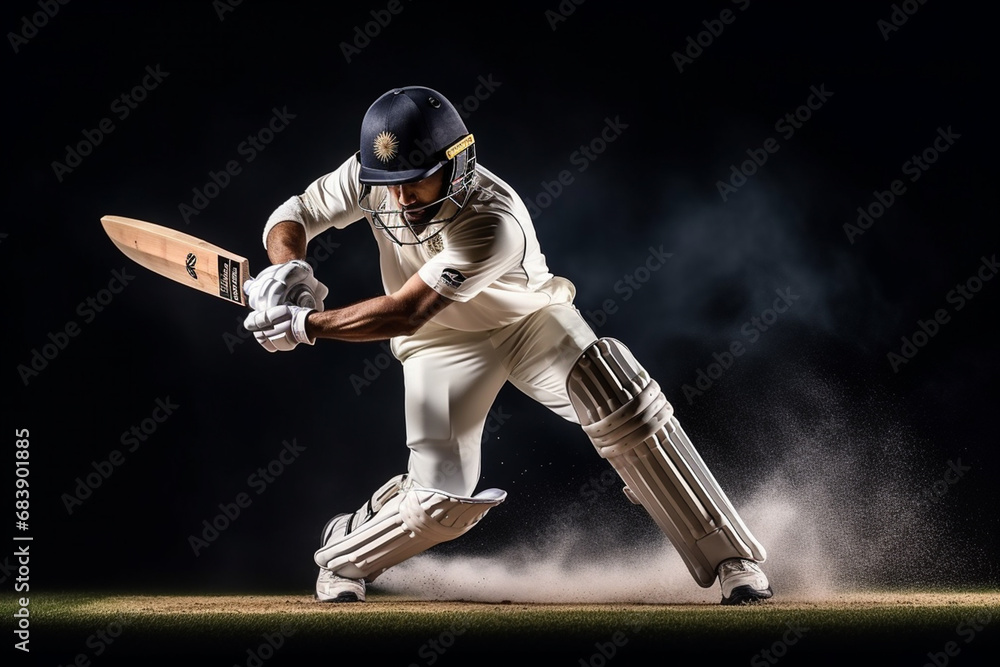 Photo & Art Print Cricket player batsman in silhouette shadow on black ...