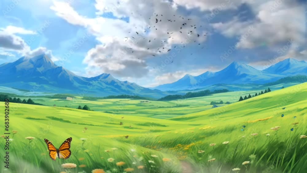 Rural field near mountains in summer. seamless looping time-lapse ...