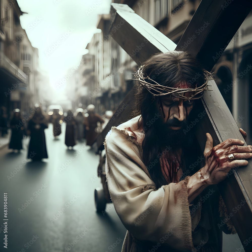 Jesus bearing cross in modern times, suffering pain and rejection Stock ...