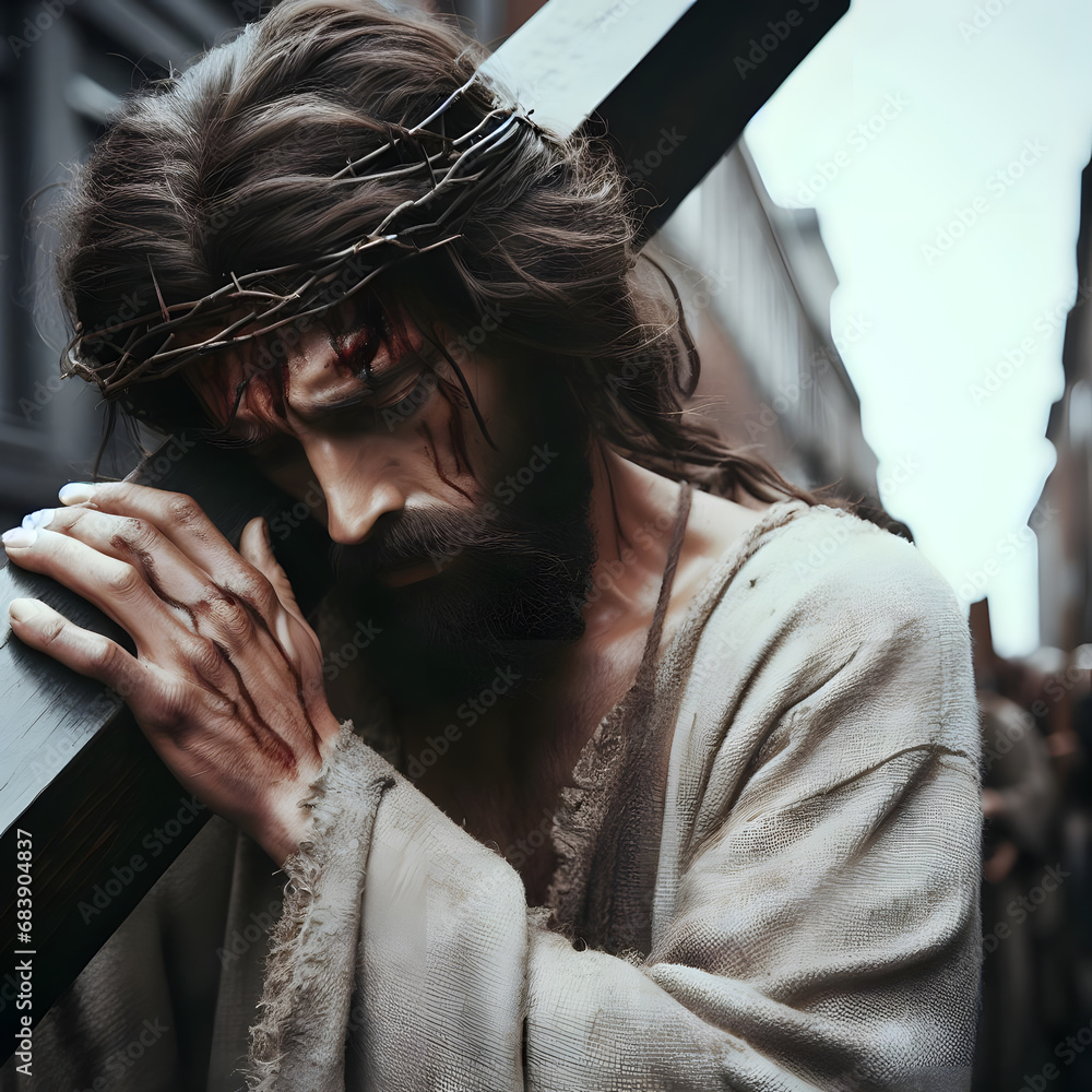 Jesus bearing cross in modern times, suffering pain and rejection Stock ...