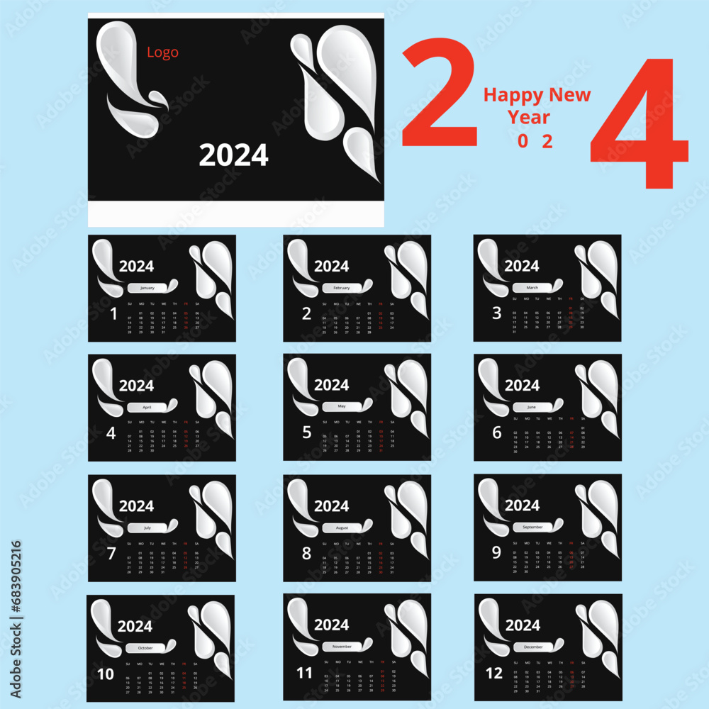 Monthly calendar template for 2024 year. Week Starts on Sunday. desk ...