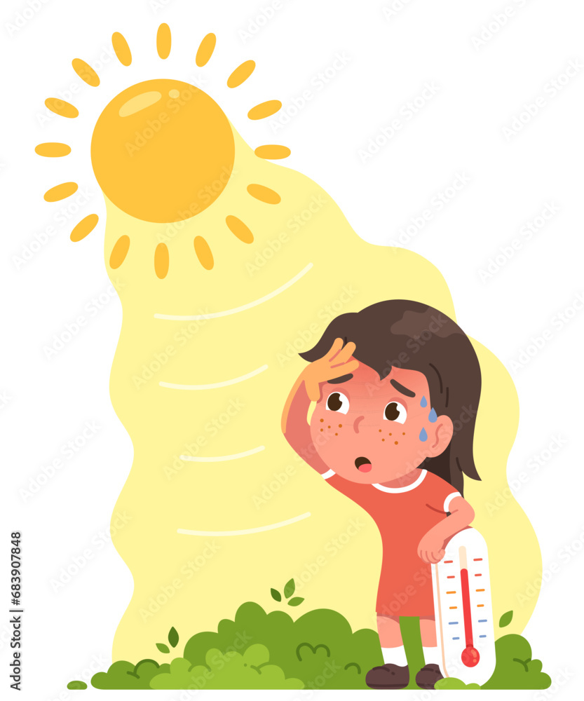 Person suffering from summer sun heat. Sad girl child sweating under ...