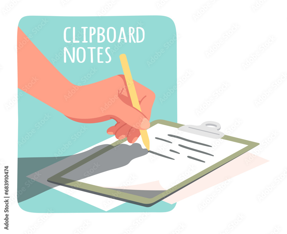 Hand writing notes in clipboard document. Business man hand holding pen ...