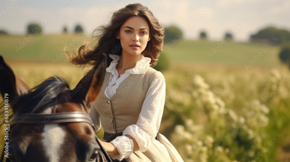 Beautiful brunette girl ride horse field. 19th century style, jane ...