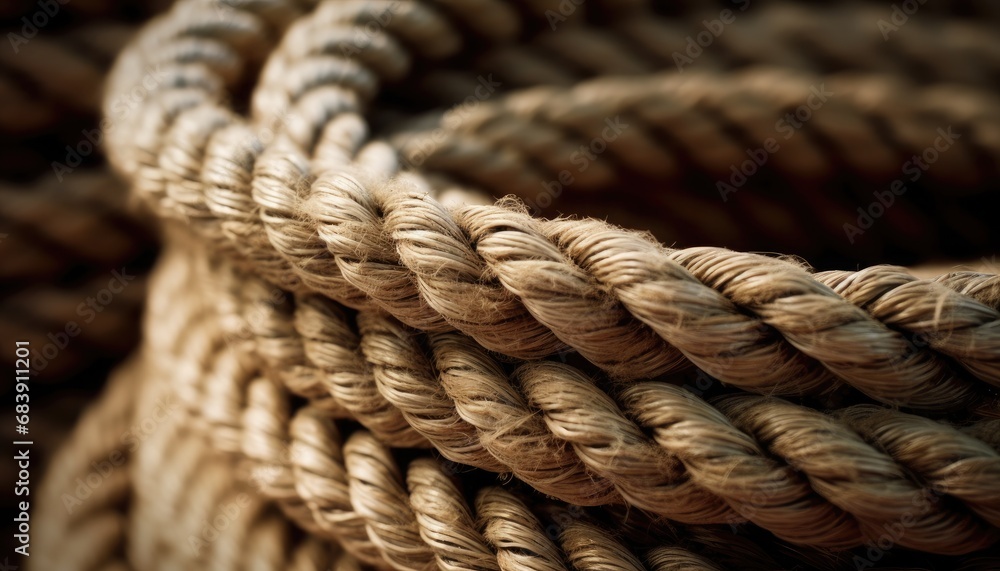 An extreme close-up view of the jute rope that is wound in a spiral ...