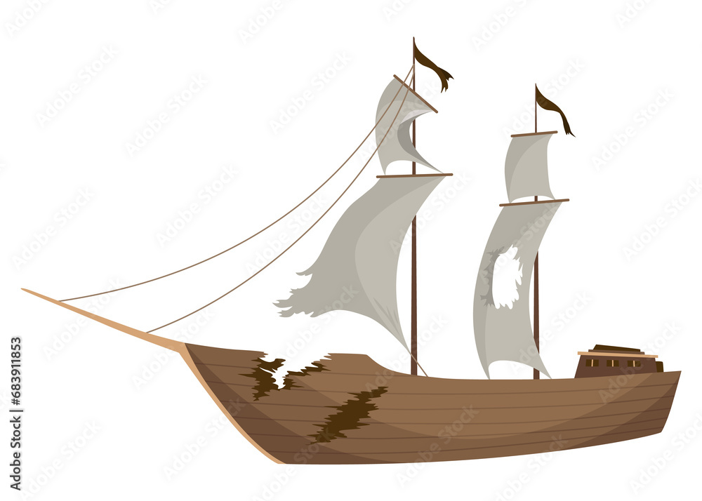Broken ship icon. Cartoon wooden battered ship with tattered flag and ...
