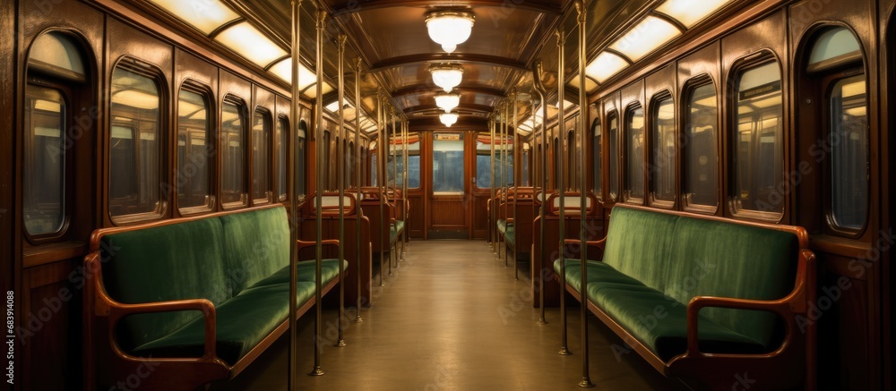 Inside the vintage subway train, the wooden interior of the carriage ...
