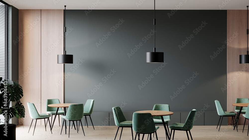 Dining room with green, wood colors. Restaurant or coffeehouse design ...
