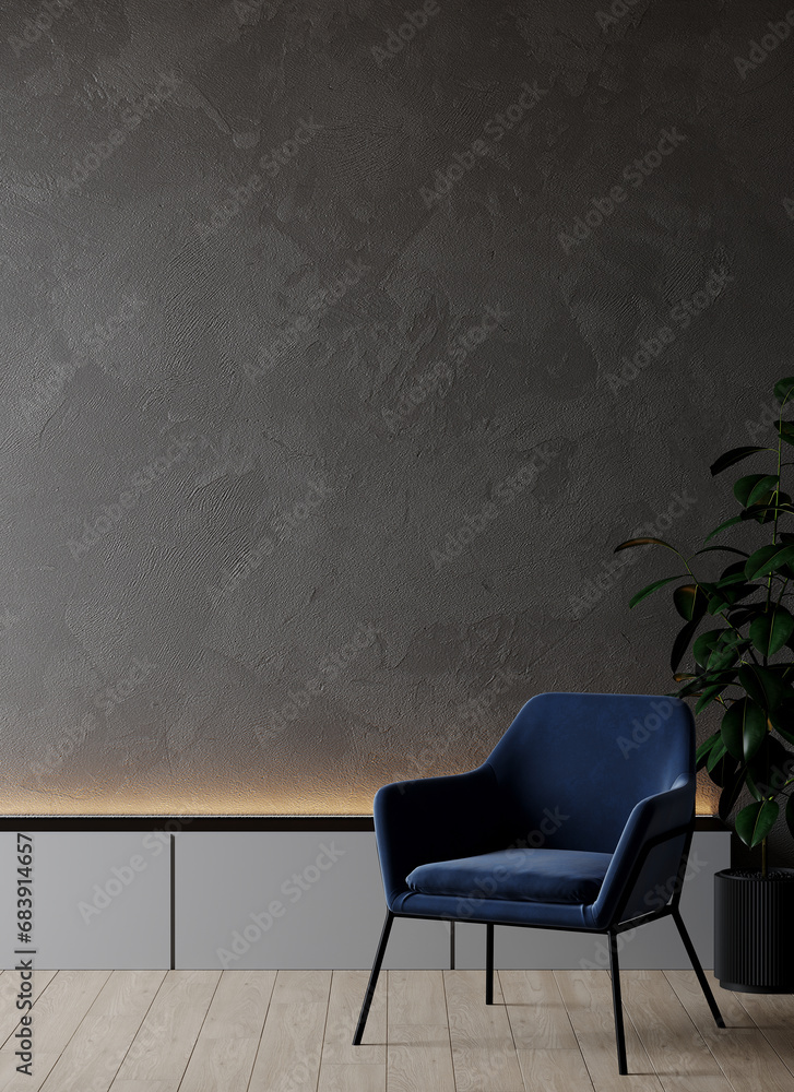 Livingroom in dark gray and blue navy colors. Mockup microcement ...