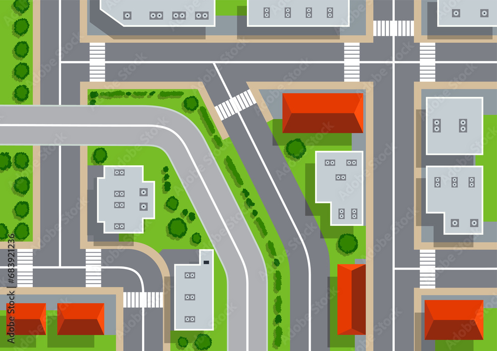 Top view of urban city. Crossroads with streets, roads, houses and ...