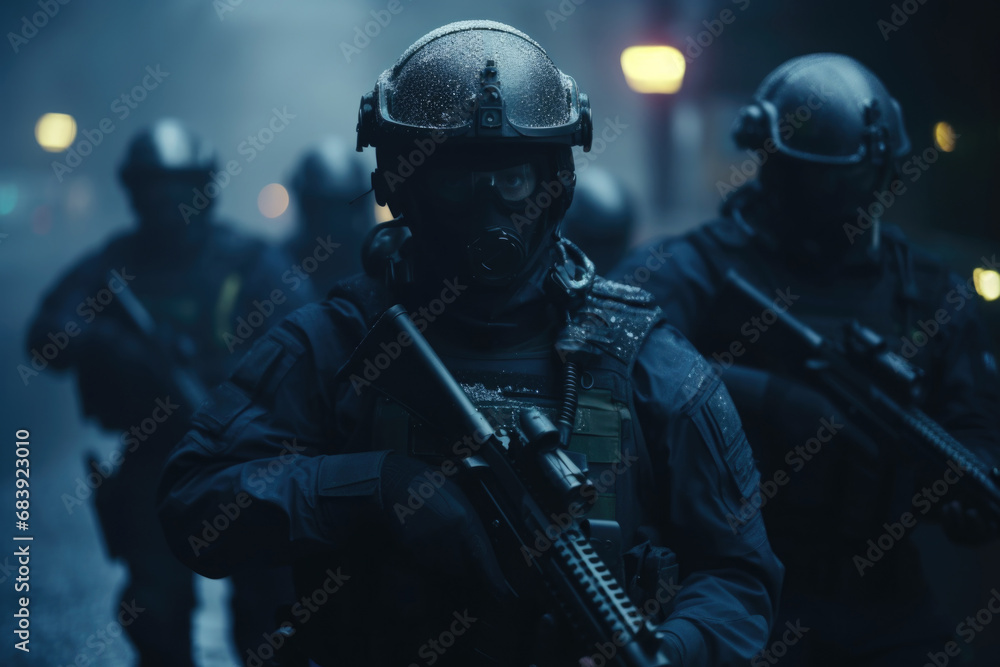 A group of men dressed in military gear standing together. This image ...