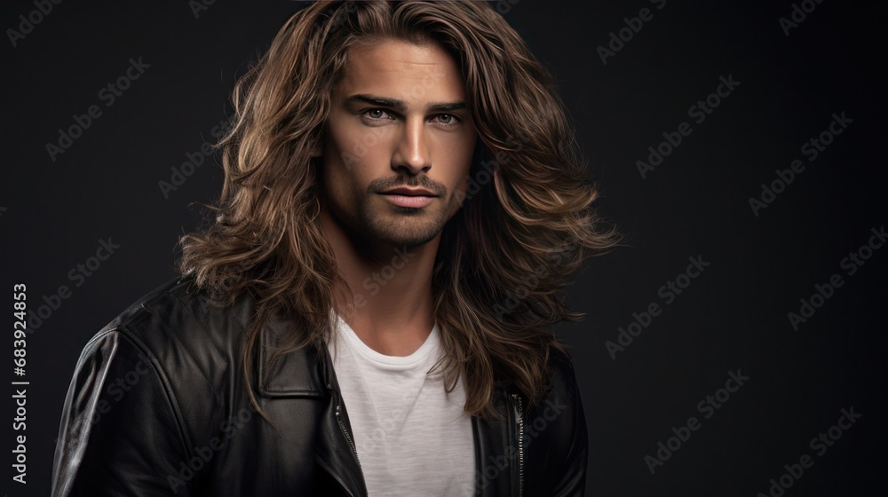 Classic attractive hairstyle of a male model with long hair in a simple ...