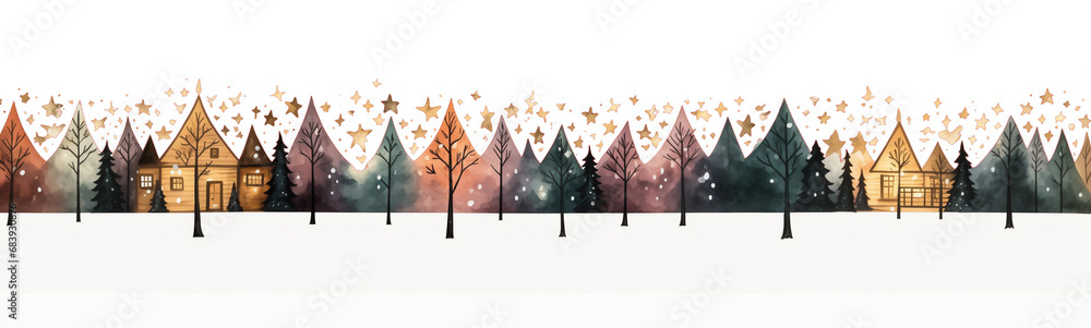Beautiful decorative frieze with pine trees and golden stars with snow ...
