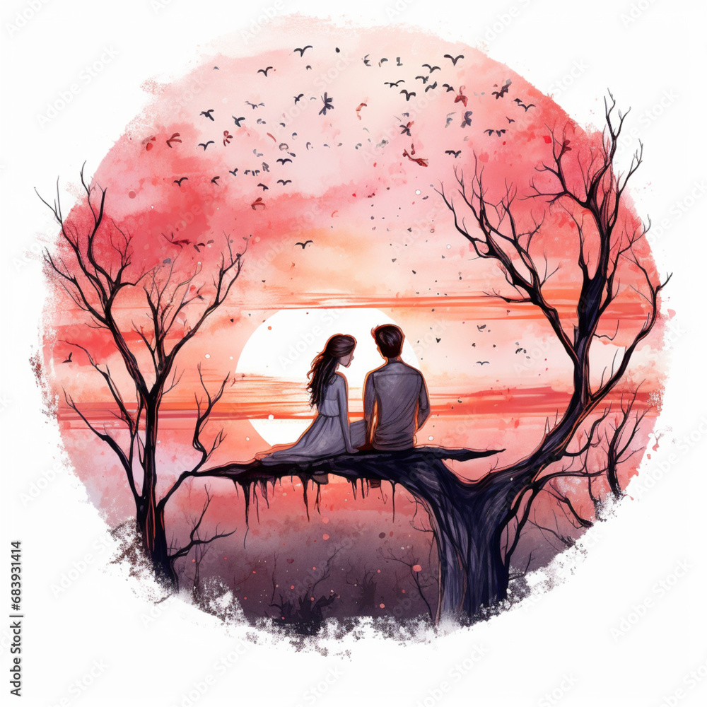 beautiful landscape with saucers, loved couple is sitting on the branch ...
