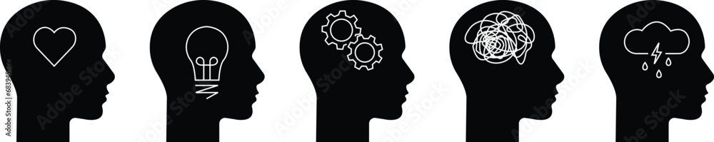 Mental health flat and line icons set. Mental growth, negative thinking ...