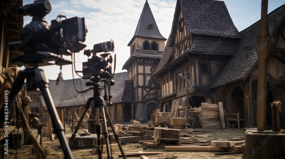Modern film set and video camera. The scenery of a medieval film ...