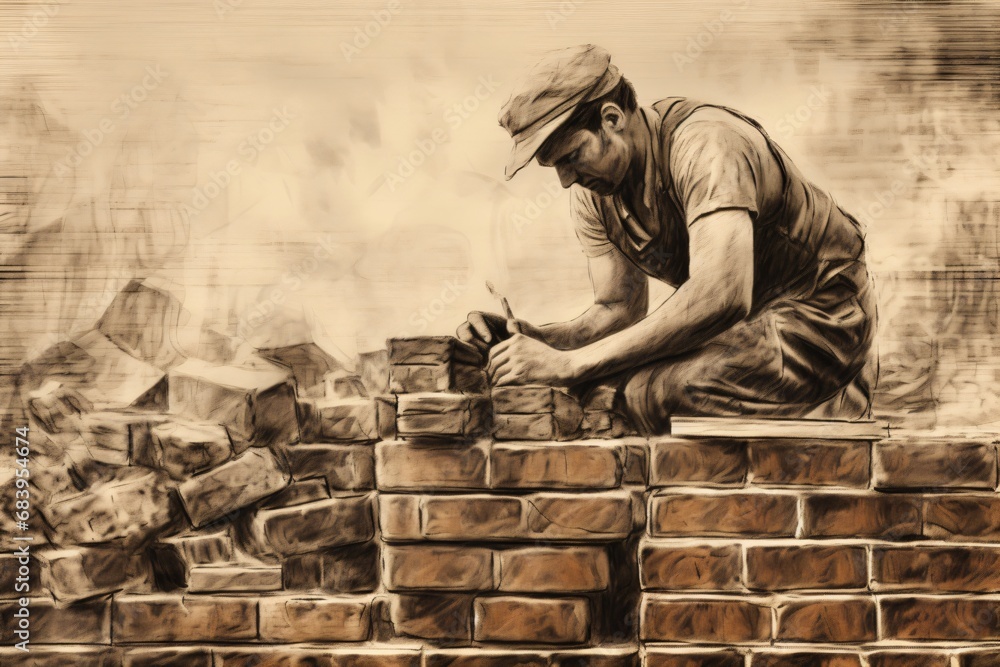 Vintage sketch of a laborer working to construct a wall or house by ...