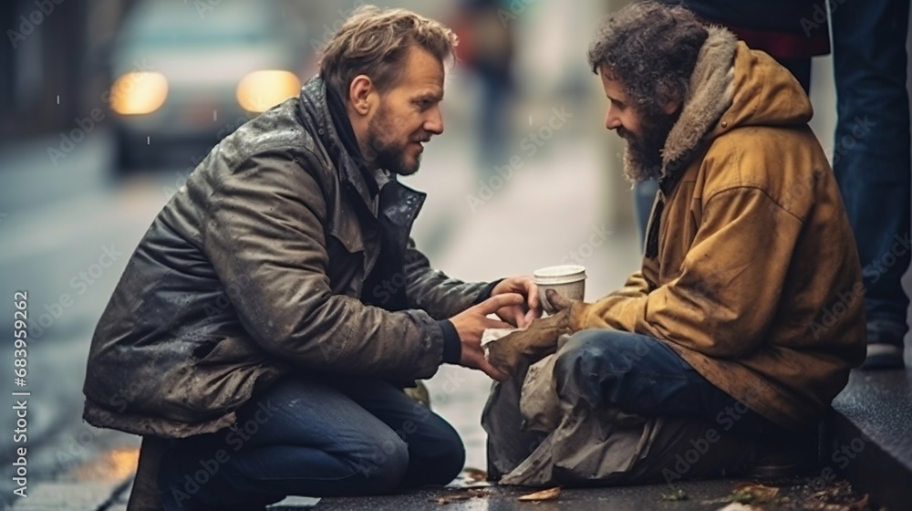 Moments of Compassion: Man Sharing a Meal with a Homeless Person in the ...