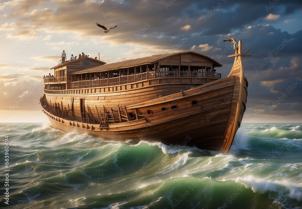 Noah's Ark, a huge ancient wooden ship floating on the sea Stock Photo ...