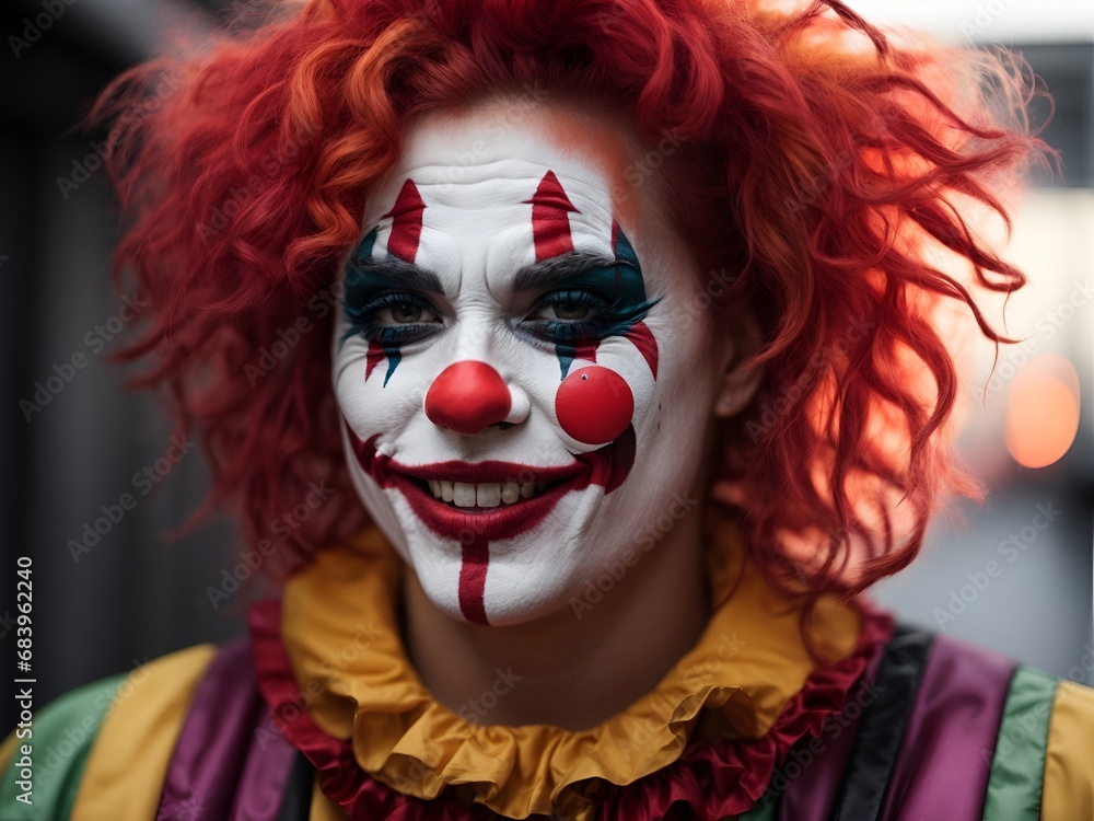 Portrait of a scary crazy looking maniac killer clown laughing with ...