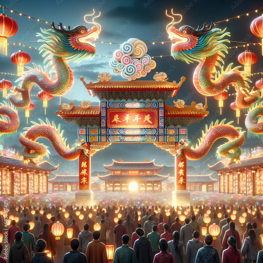 **A festive scene celebrating the Chinese New Year. The focal point is ...