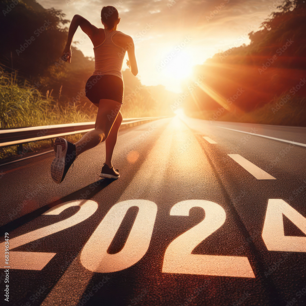 word 2024 written on the asphalt road and athlete woman running ...