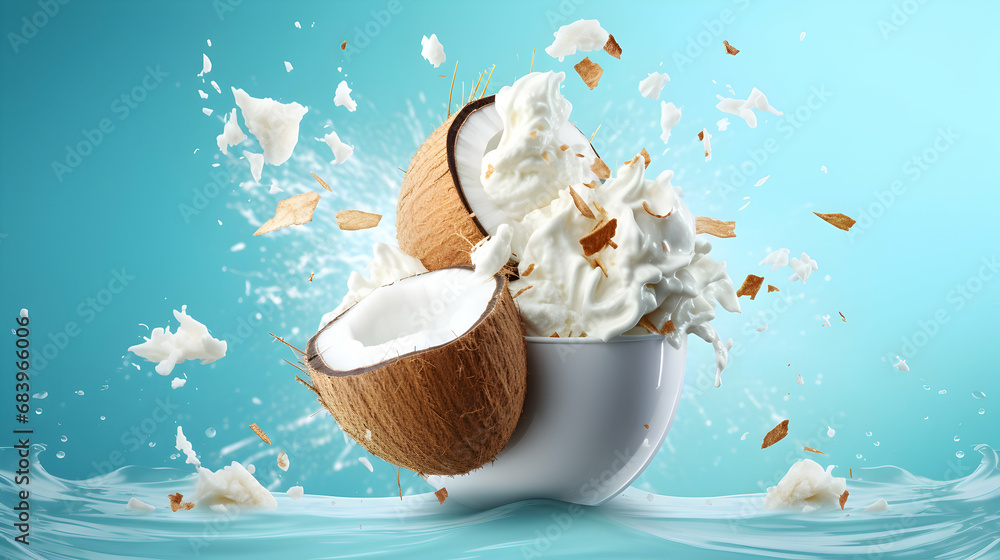 Coconut ice cream explosion, nutty ball splash with fruit against blue ...