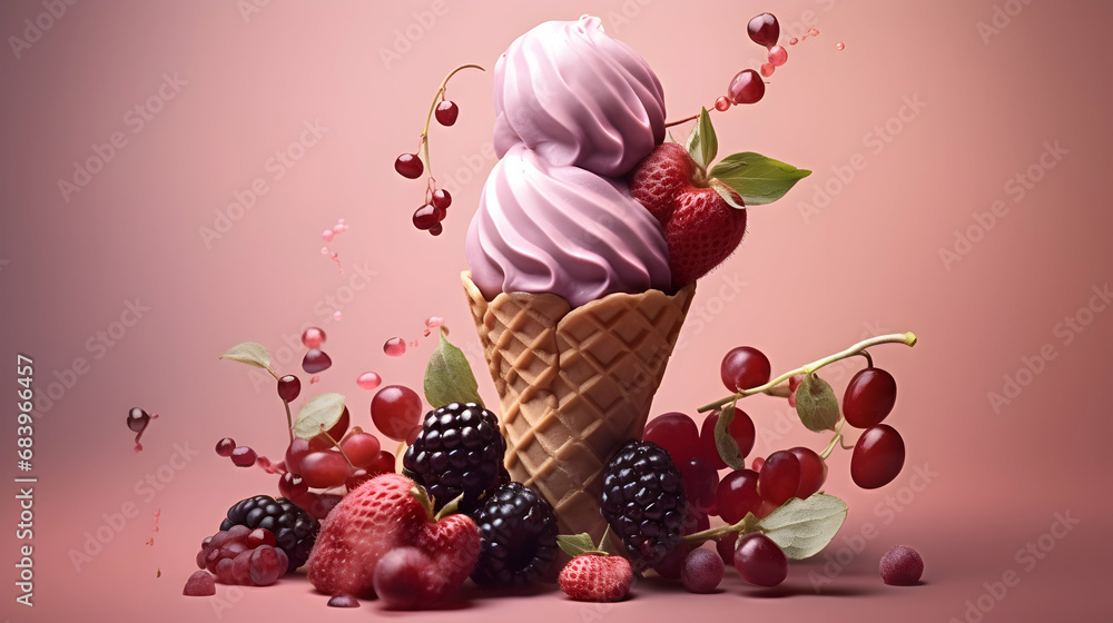 Forest fruits ice cream. Scoops of italian dessert with waffle cone on ...