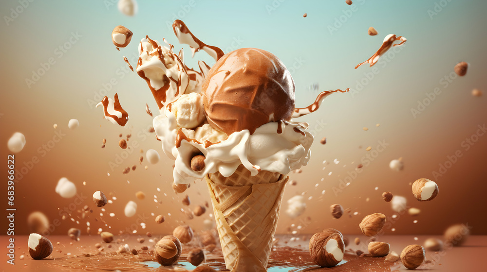 Hazelnut ice cream explosion, nutty ball splash with cone. Illustration ...