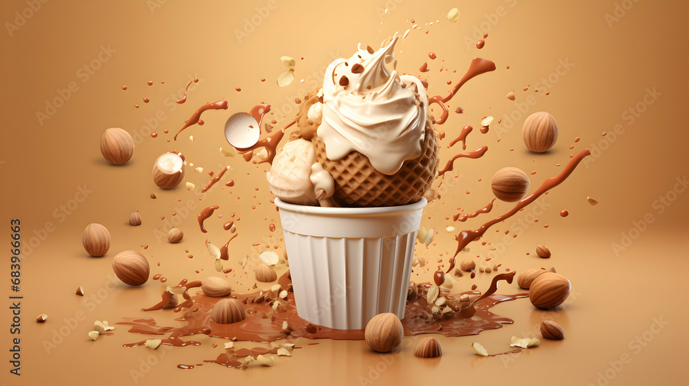 Hazelnut ice cream explosion, nutty ball splash with cup. Illustration ...