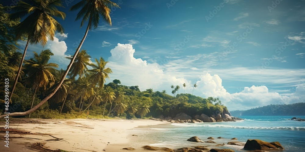 Illustrated idyllic landscapes of paradisiacal destinations, featuring ...