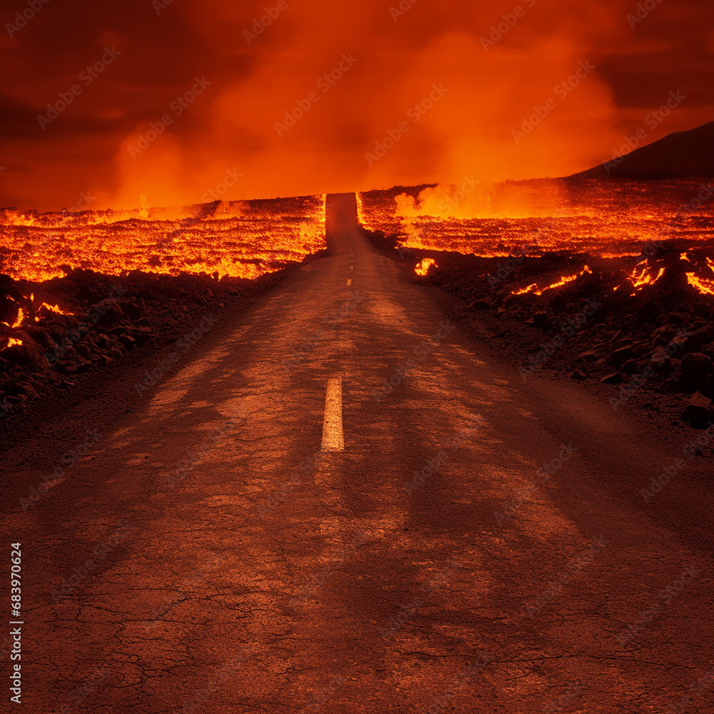 Road to hell, black road, fire around, cracks, crimson sky, ominous ...