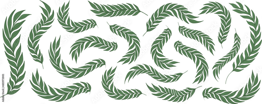 Set of green silhouette tree branches with laurel, oak and olive ...