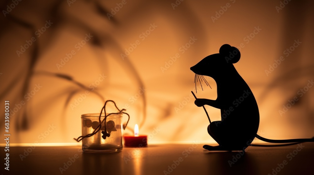a silhouette of a rat sitting next to a candle and a glass of water ...