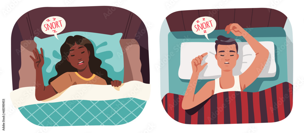 Snoring person sleeping in bed set. Asleep man, woman lying in bed ...