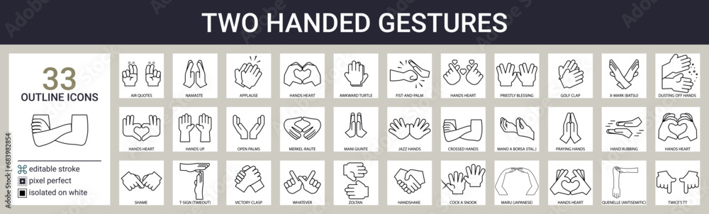 Gestures and two-handed signs icon set in outline style Stock Vector ...