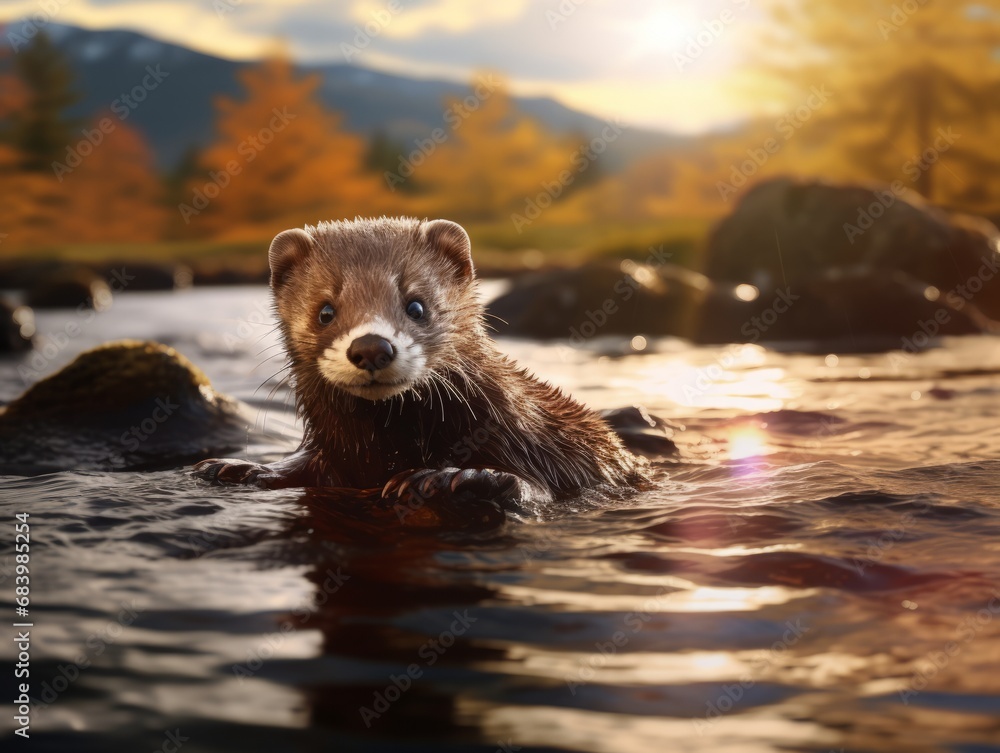 Unveiling Nature's Playfulness: A Young Ferret's Swimming Adventure in ...