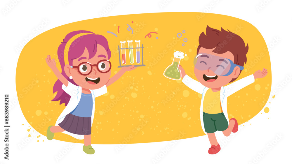 Children conducting chemistry science experiment. Happy scientists boy ...