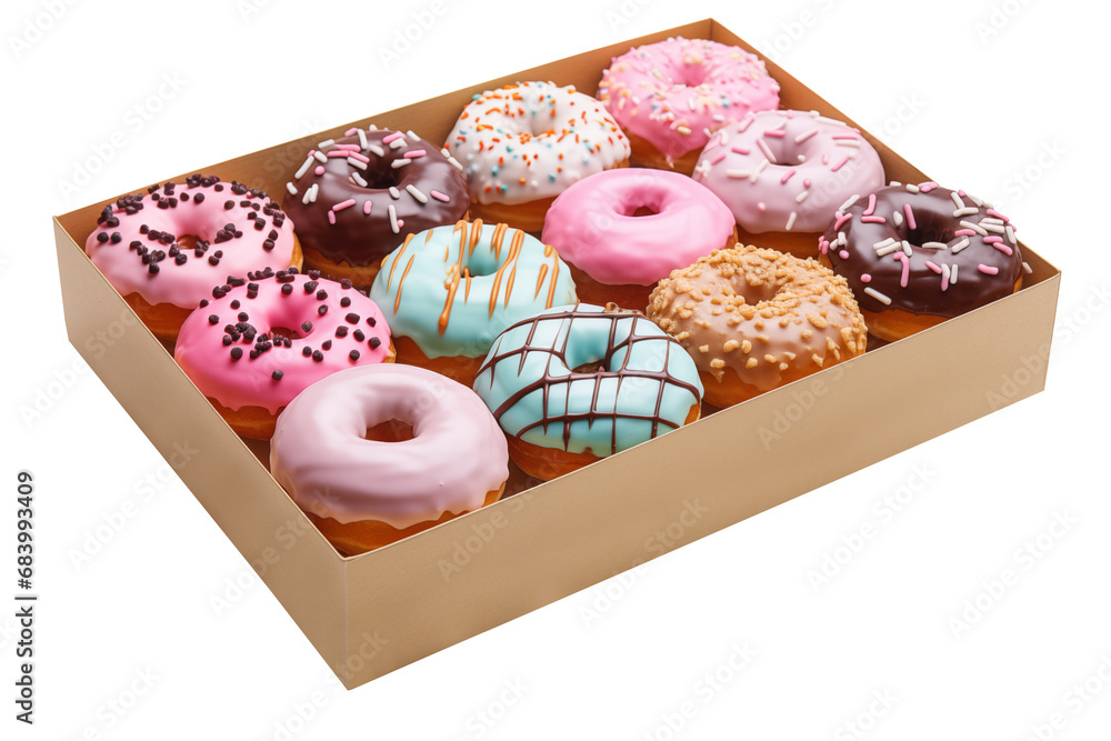 12, twelve dozen sweet donuts in a paper box isolated on transparent ...