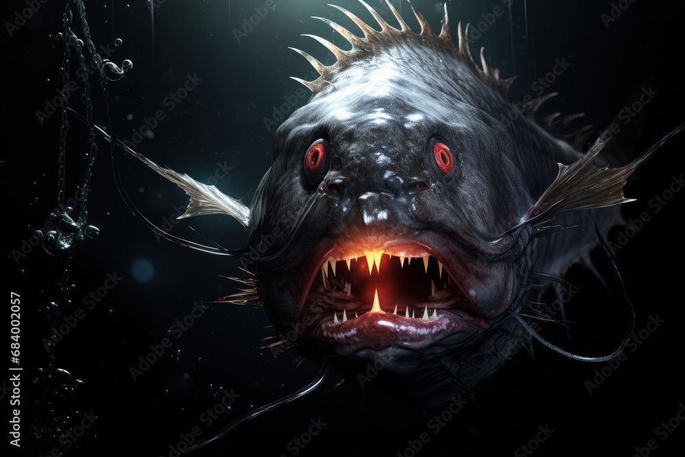 Menacing deep-sea fish with glowing red eyes and sharp teeth lurking in ...