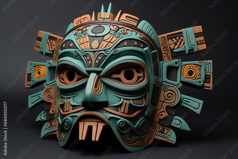 Aztec traditional, ceremonial mask on dark background. Warrior mask ...