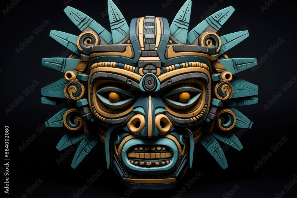 Aztec traditional, ceremonial mask on black background. Warrior mask ...