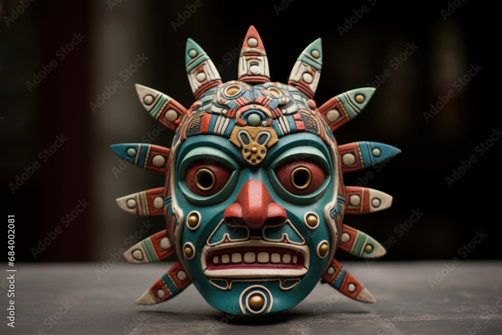 Aztec traditional, ceremonial mask on dark background. Warrior mask ...